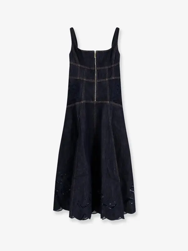 SELF-PORTRAIT Denim Midi Dress With Embroidery - Blue
