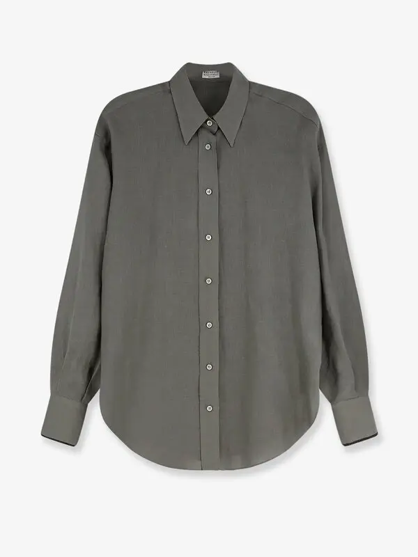 Brunello Cucinelli Linen Shirt With Monili Trim - Brown