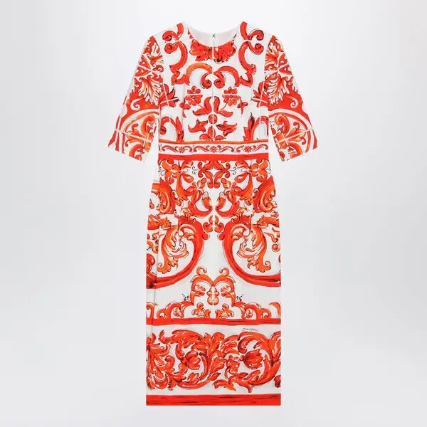 Dolce & Gabbana Fitted Silk Charmeuse Dress With Maiolica Print - Orange