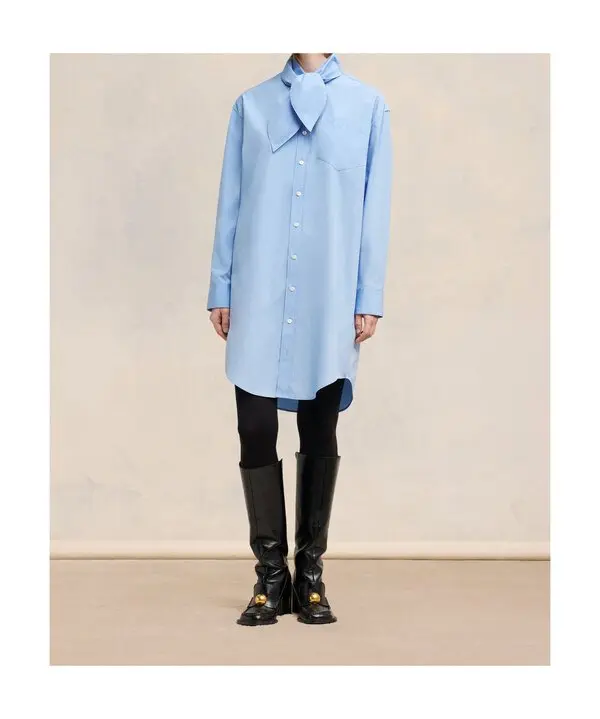AMI Paris Cotton Shirt Dress With Scarf Collar - Blue