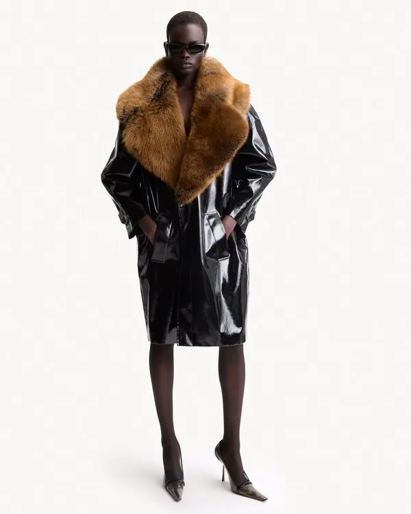 Saint Laurent Cocoon Coat In Lacquered Canvas And Shearling