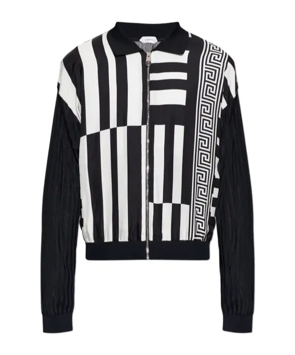 Versace Printed Silk Inserts Knit Zip Cardigan