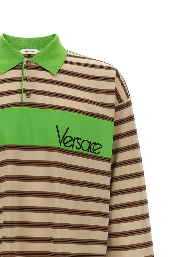 Versace Embroidered-logo Striped-intarsia Cotton Polo Shirt - Nude
