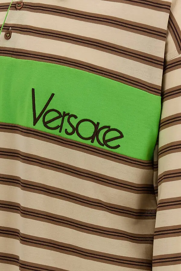 Versace Embroidered-logo Striped-intarsia Cotton Polo Shirt - Nude