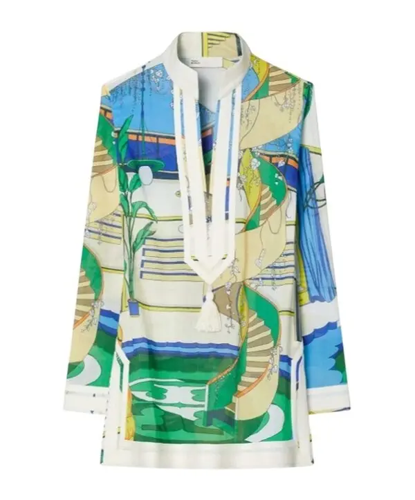 Tory Burch Printed Tassel V-neck Dress - No