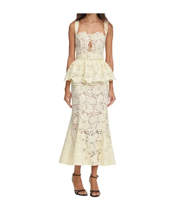 SELF-PORTRAIT Lace Peplum Midi Dress - Yellow
