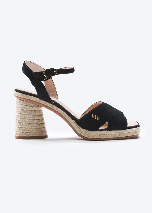 VISCATA Xelida Archive Suede Block Heel Espadrille Sandal - Black