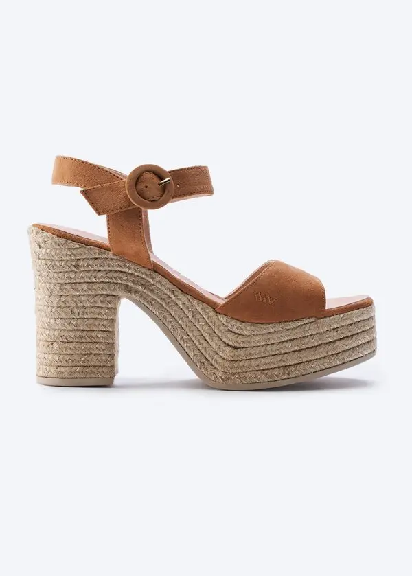 VISCATA Jana Suede Espadrille Platform Sandals With Buckled Ankle Strap - Camel