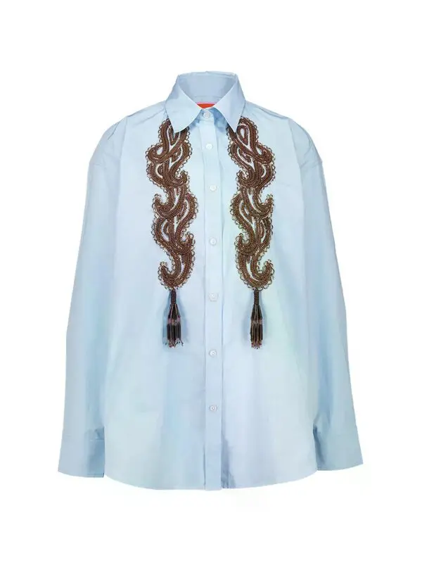 La DoubleJ Peony Placéee Embroidered Cotton Shirt - Blue