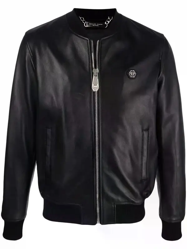 Philipp Plein Sheepskin Leather Bomber Jacket - Black