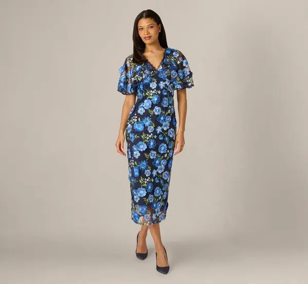 Adrianna Papell Cape Sleeve Floral Embroidered Midi Dress - Blue Multi