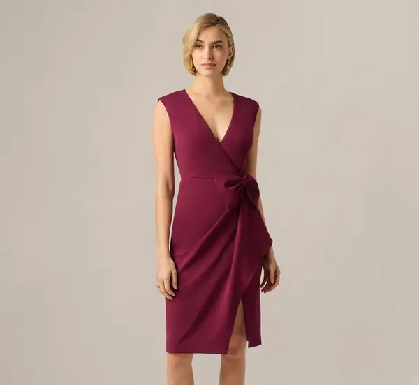 Adrianna Papell Bow Accent Stretch Wrap Dress - Cabernet