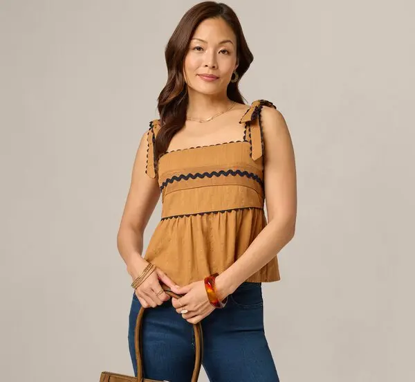 Adrianna Papell Cotton Babydoll Tank Top With Bow Shoulder Detail - Camel/blue Moon