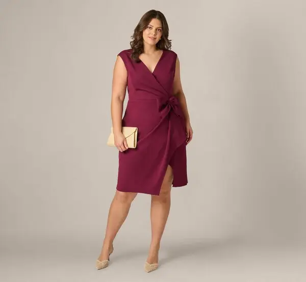 Adrianna Papell Sleeveless Stretch Crepe Bow Accent Wrap Dress - Cabernet