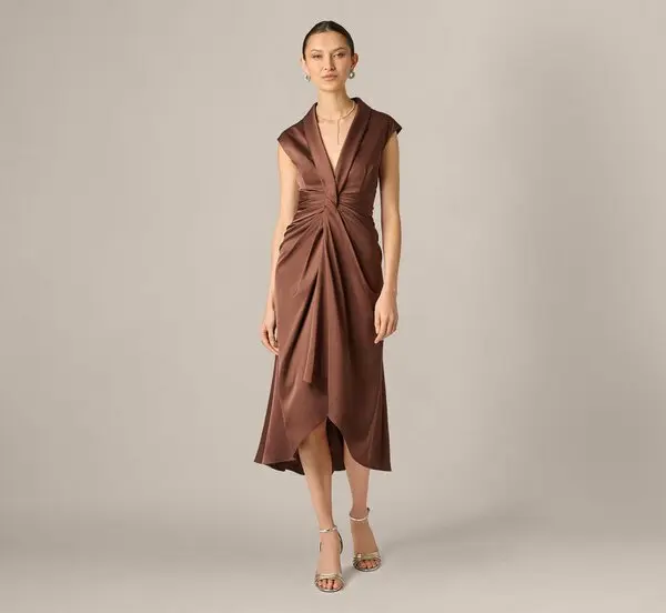 Aidan Mattox Twist Front Satin High Low Midi Dress - Espresso