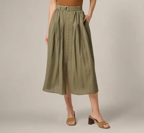 Adrianna Papell Belted A Line Pleated Midi Skirt - Olive Tree
