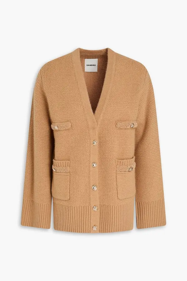 Sandro Wool Cardigan With Velvet Trims And Gold-tone Buttons - Camel