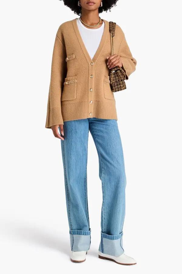 Sandro Wool Cardigan With Velvet Trims And Gold-tone Buttons