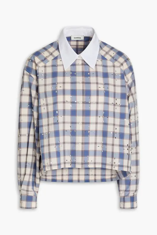 Sandro Crystal Embellished Checked Cotton Shirt - Light Blue