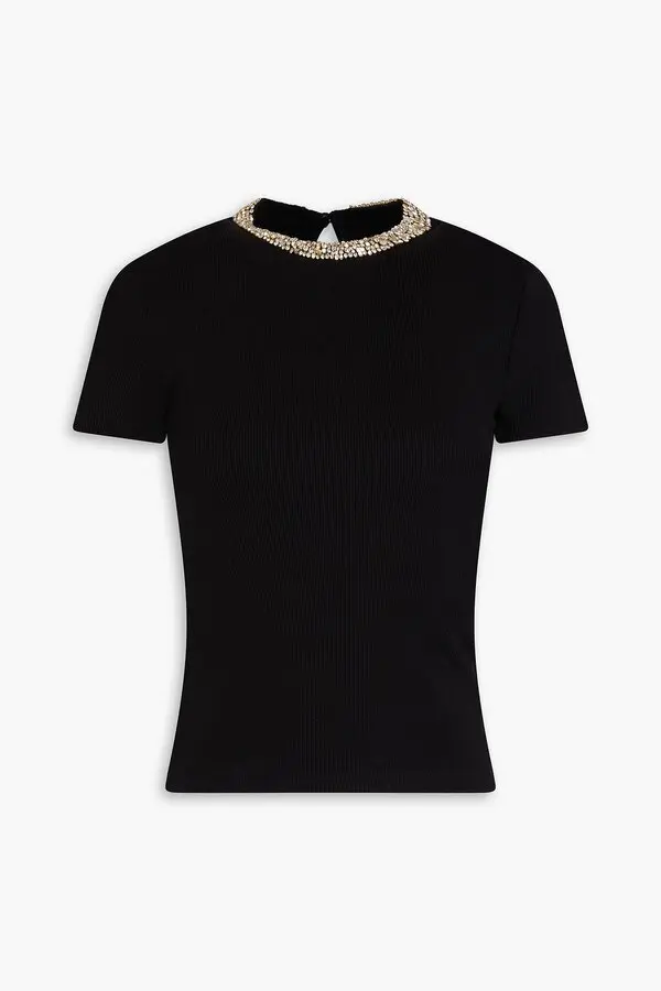 Sandro Crystalembellished Ribbed Cottonblend Top - Black