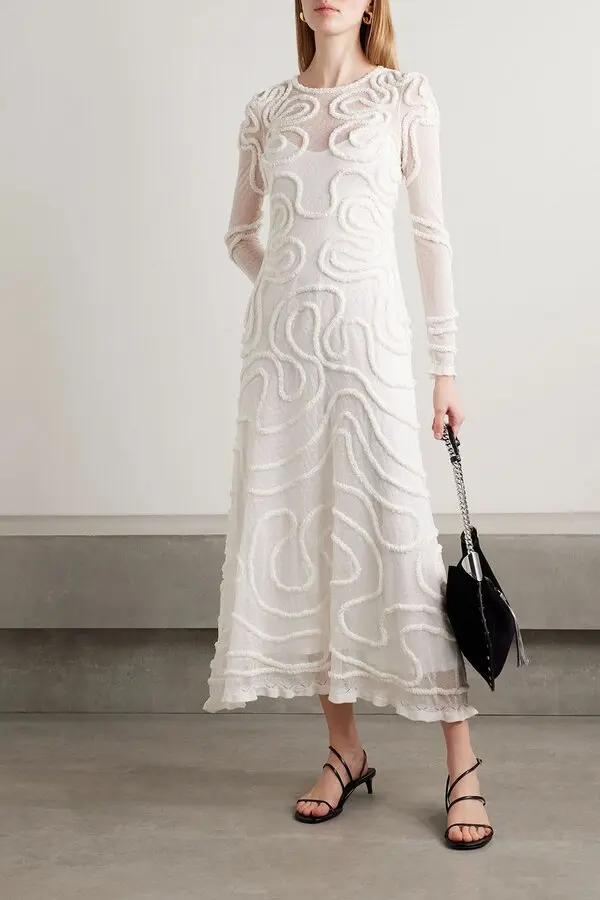 Ulla Johnson Valentina Appliquéd Pointelle-knit Midi Dress