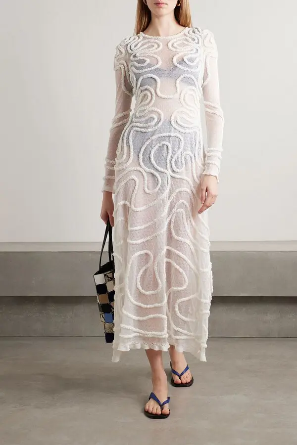 Ulla Johnson Valentina Appliquéd Pointelle-knit Midi Dress