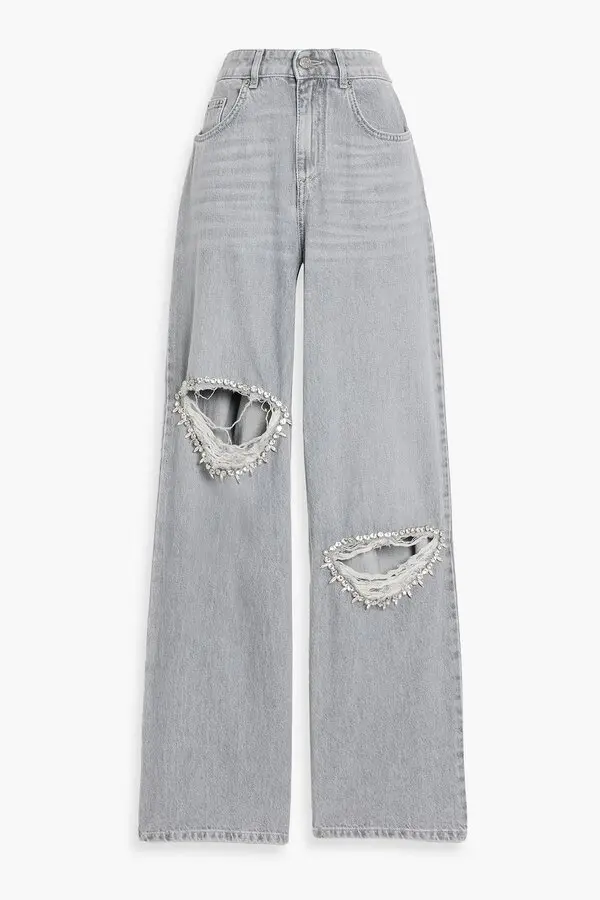 AREA Crystal-embellished High-rise Wide-leg Jeans - Gray