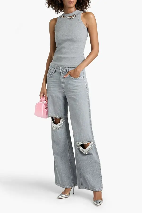 AREA Crystal-embellished High-rise Wide-leg Jeans