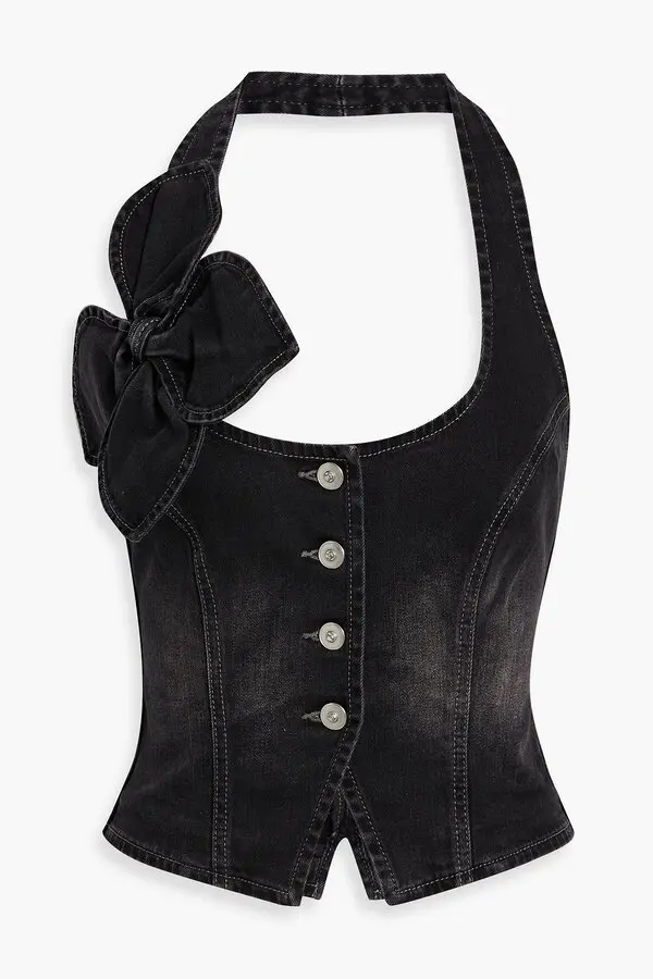 AREA Floralappliquéd Denim Halterneck Top