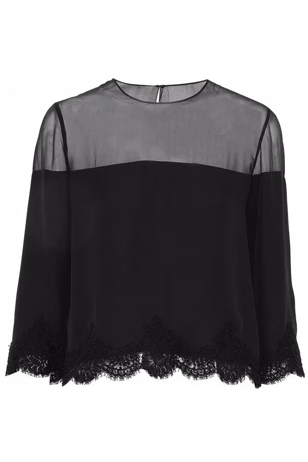 REEM ACRA Lacetrimmed Silkchiffon Blouse - Black