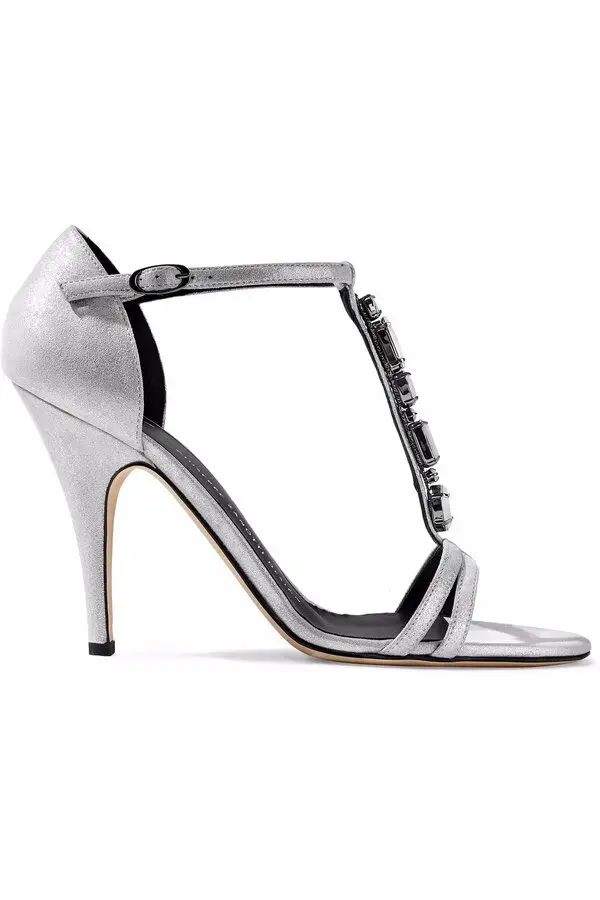 GIUSEPPE ZANOTTI Crystalembellished Metallic Nubuck Sandals - Silver