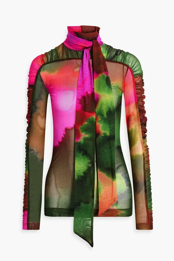 Dries Van Noten Ruched Tiedyed Stretchmesh Turtleneck Top - Fuchsia