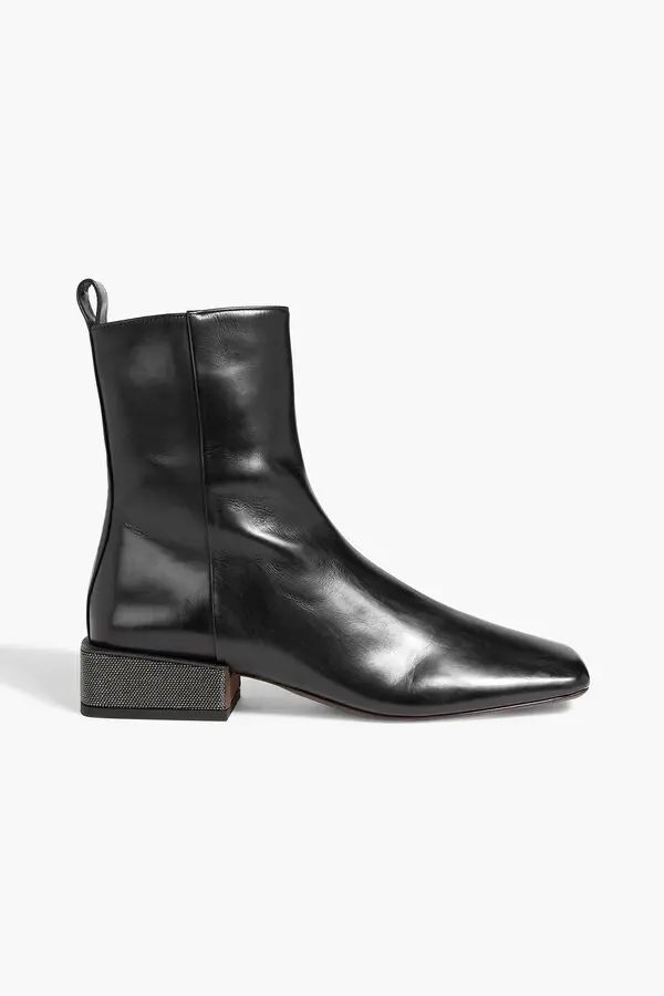 Brunello Cucinelli Beadembellished Leather Ankle Boots - Black
