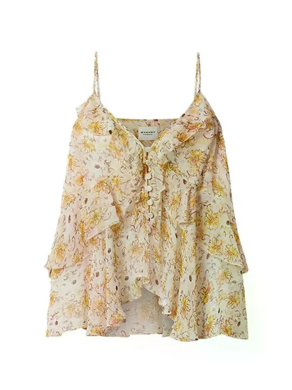 MARANT ETOILE Briara Floral Print Ruffle Top - Neutrals