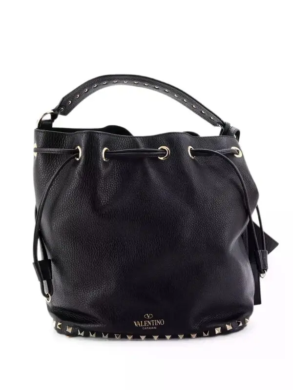 Valentino Garavani Rockstud Top Handle Leather Medium Bucket Bag - Black