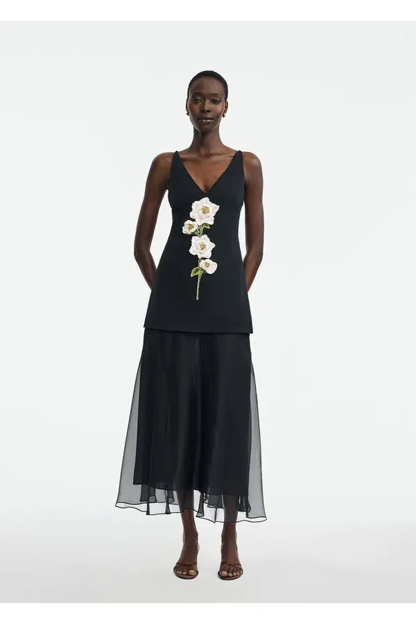 Lela Rose 3d Peony Embroidered Faille V-neck Dress - Black