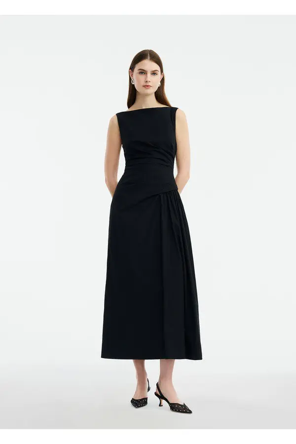 Lela Rose Cotton Poplin Asymmetrical Flounce Dress - Black