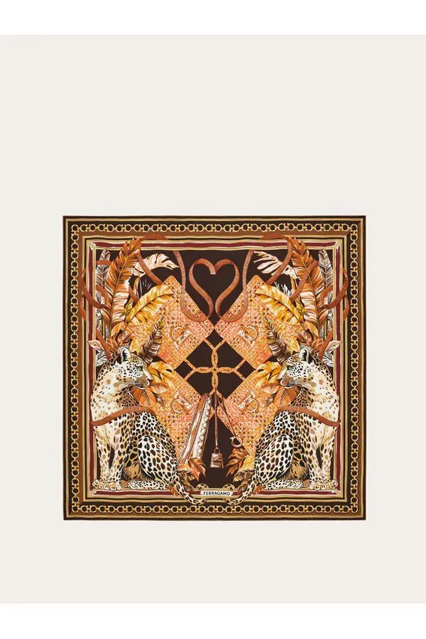 FERRAGAMO Poised Leopards Print Silk Scarf - Brown