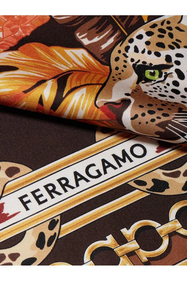 FERRAGAMO Poised Leopards Print Silk Scarf - Brown