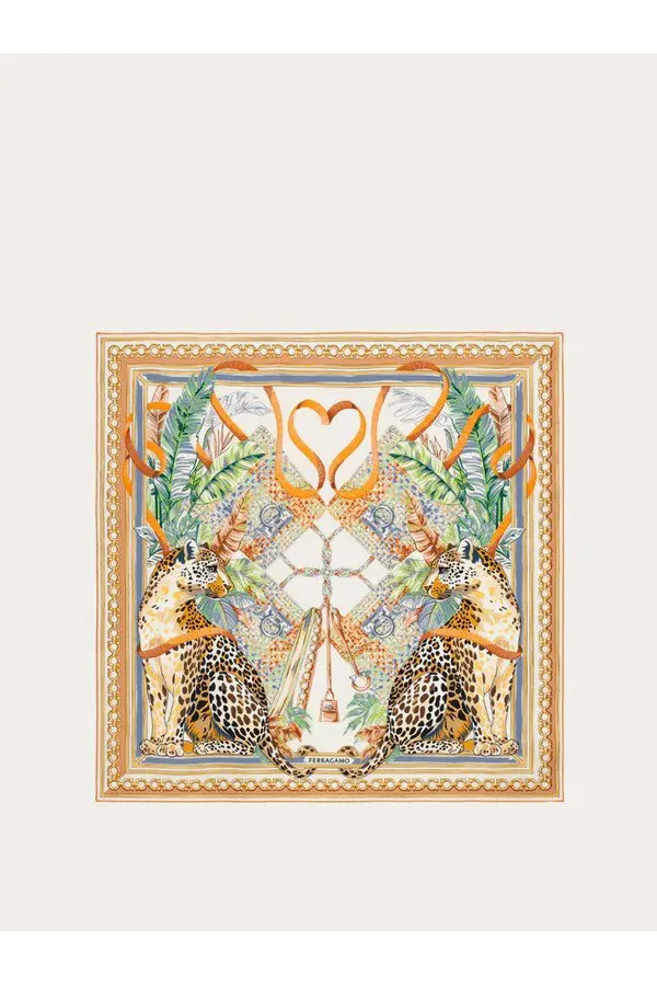 FERRAGAMO Poised Leopards Print Silk Scarf - Orange