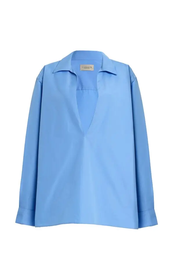 Comme Si Deep V-neck Cotton Poplin Shirt - Blue