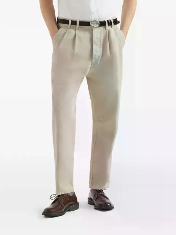 Brunello Cucinelli Garment-dyed Denim Trousers With Double Pleats - Neutrals