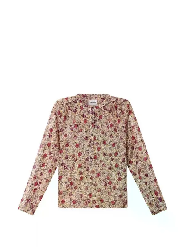 MARANT ETOILE Beige Cotton Floral Print Henley Top - Neutrals