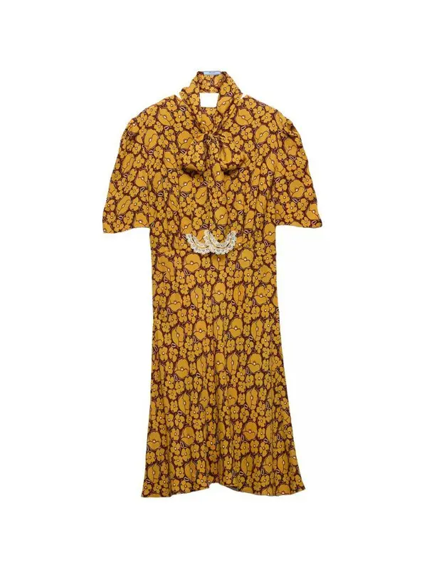 Prada Embroidered Floral Print Sablé Dress - Yellow