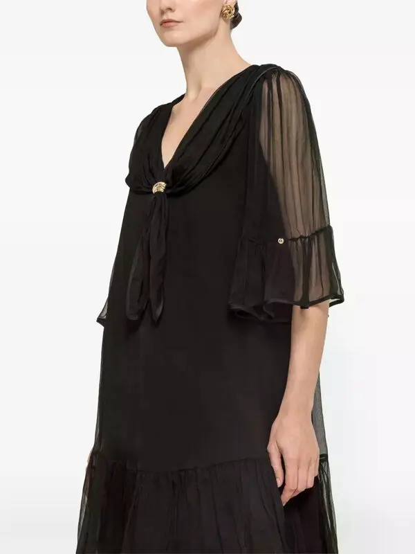 NISSA Silk Midi Dress With Draped V-neckline - Black