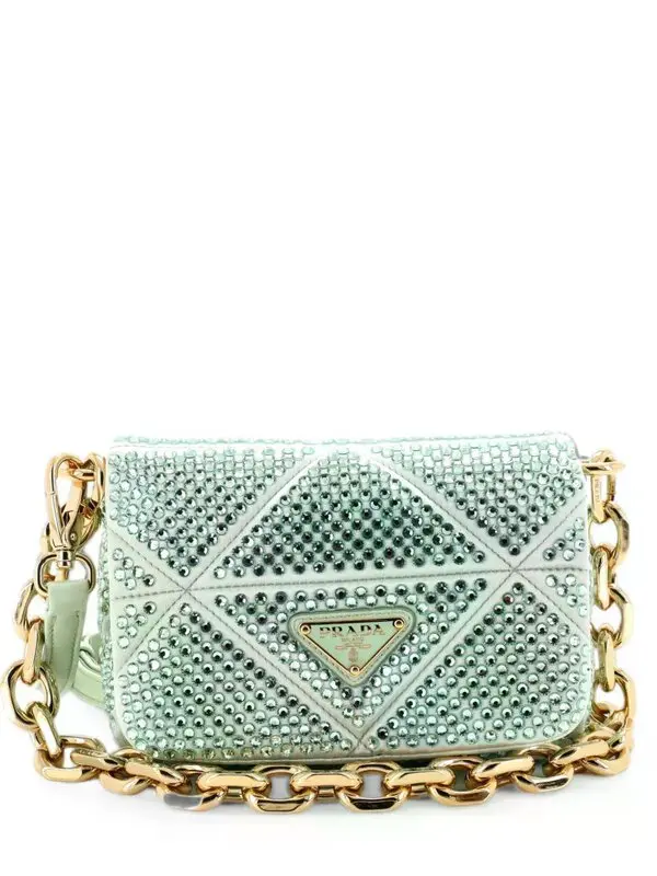 Prada Crystal Embellished Quilted Satin Shoulder Bag - Green