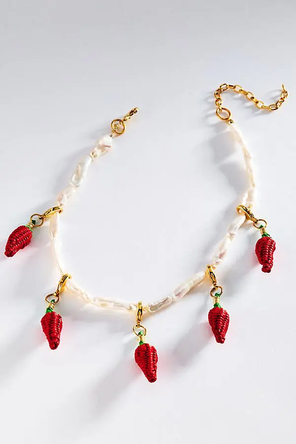 BAMBOLEIRA Spicy Chili Pearl Charm Necklace - Natural/red