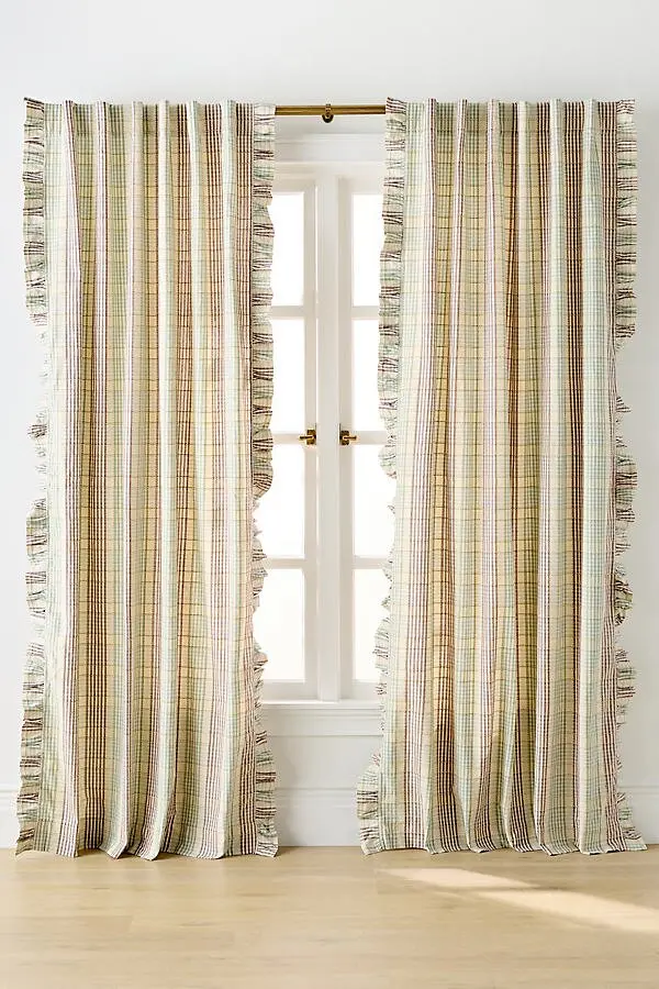 Anthropologie Tucker Plaid Ruffle Edge Cotton Curta - Duck Egg