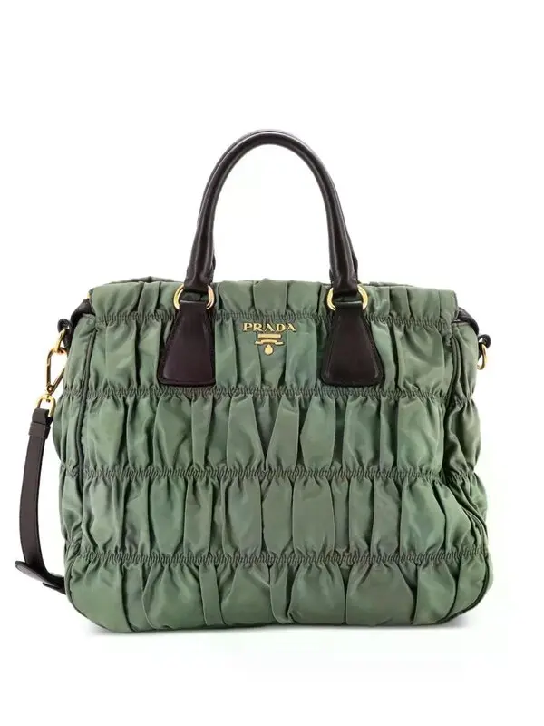Prada Gaufre Convertible Leather And Tessuto Large Tote Bag - Green