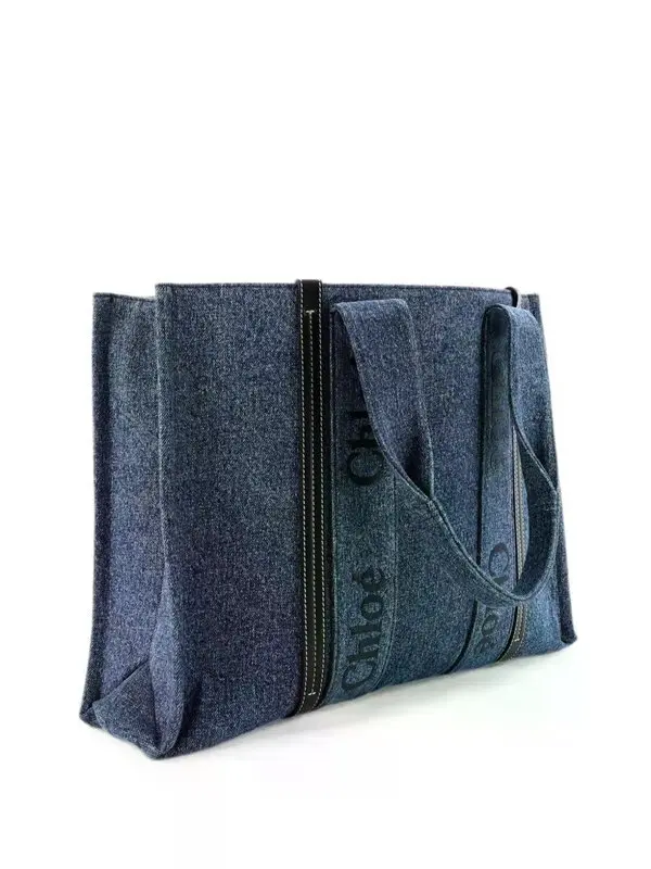 Chloé Woody Large Tote Bag In Canvas And Leather - Blue